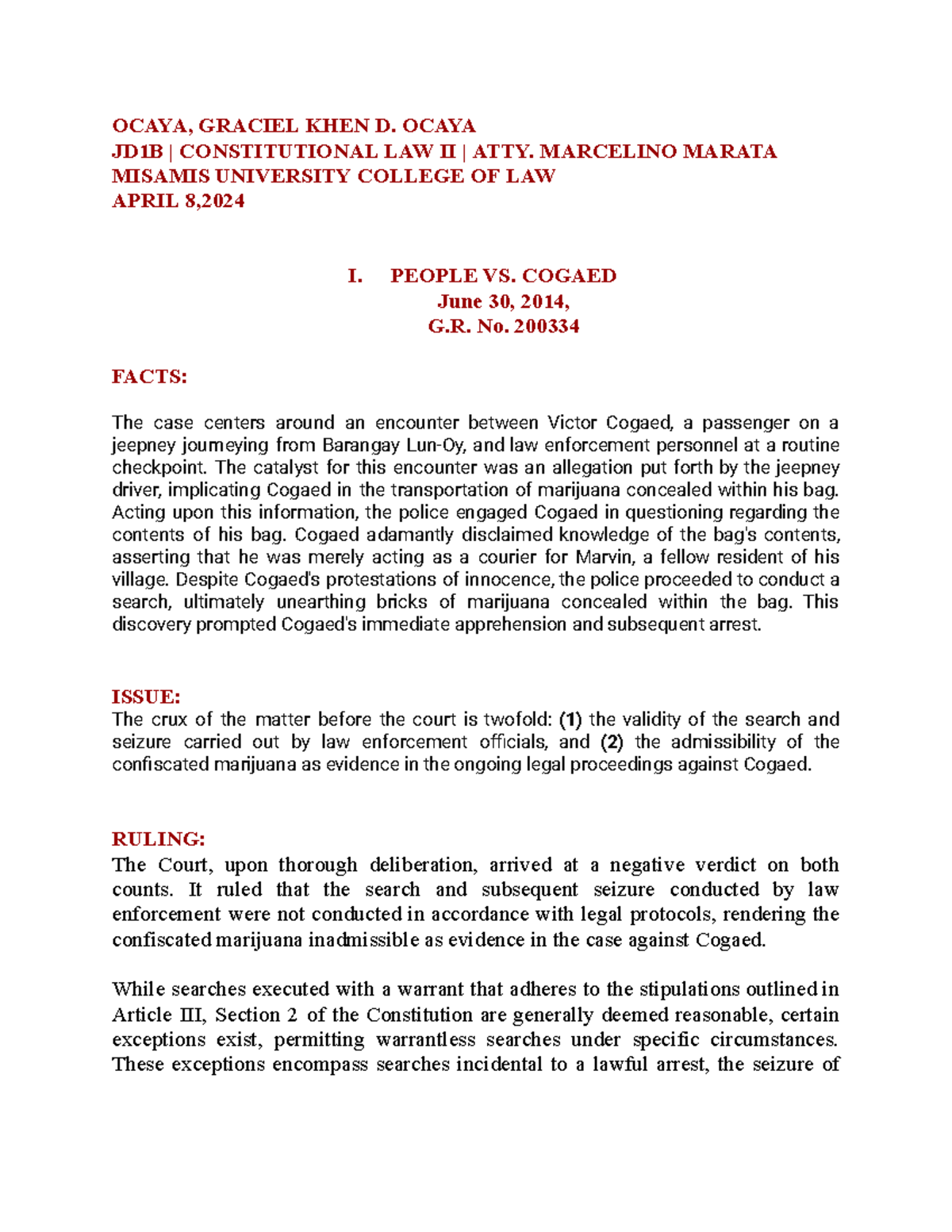 JD1B Consti II- Ocaya, Graciel Cases Batch 4 - OCAYA, GRACIEL KHEN D ...