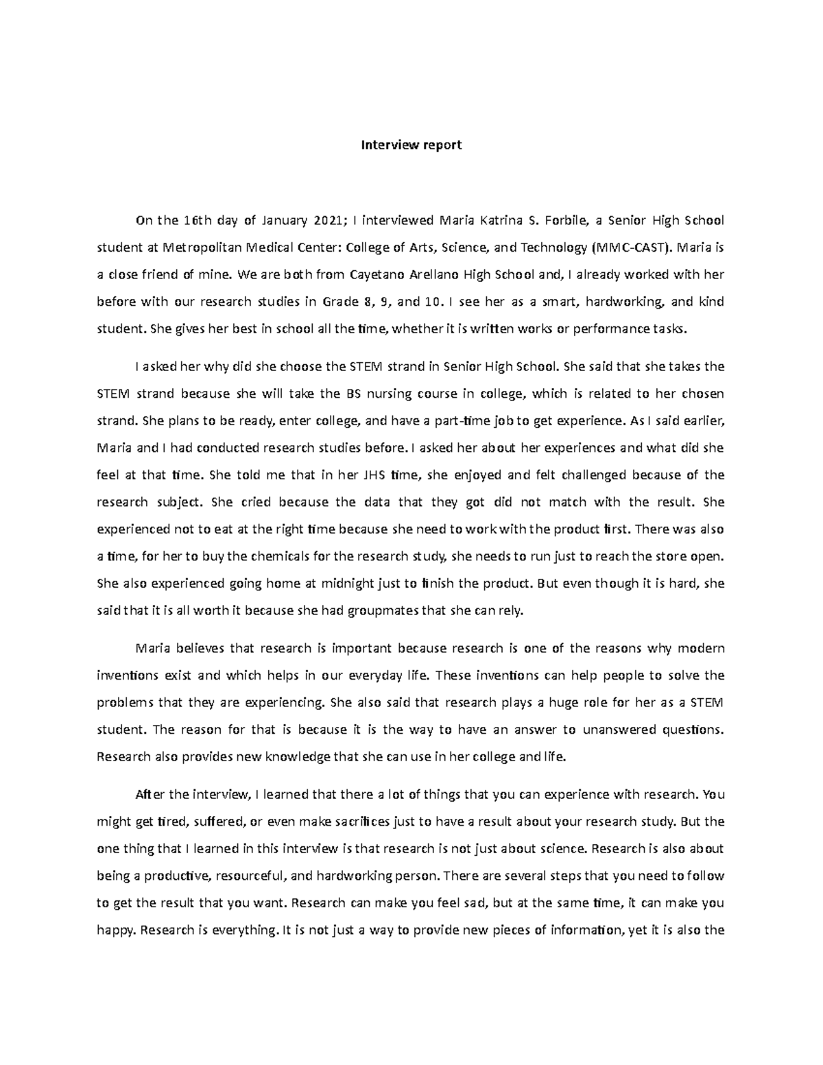 Interview Report Practical Research STEM-11 (2nd sem; 3rd quarter ...