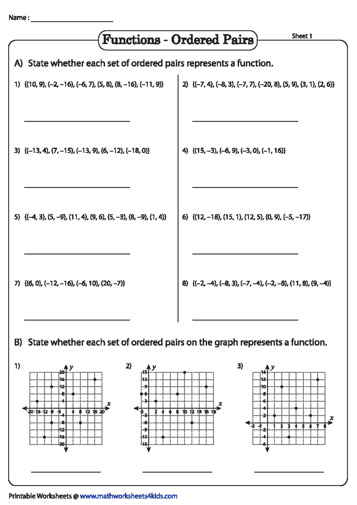 Identifying ordered pairs 1 - Name : Functions Ordered Pairs Sheet 1 A ...
