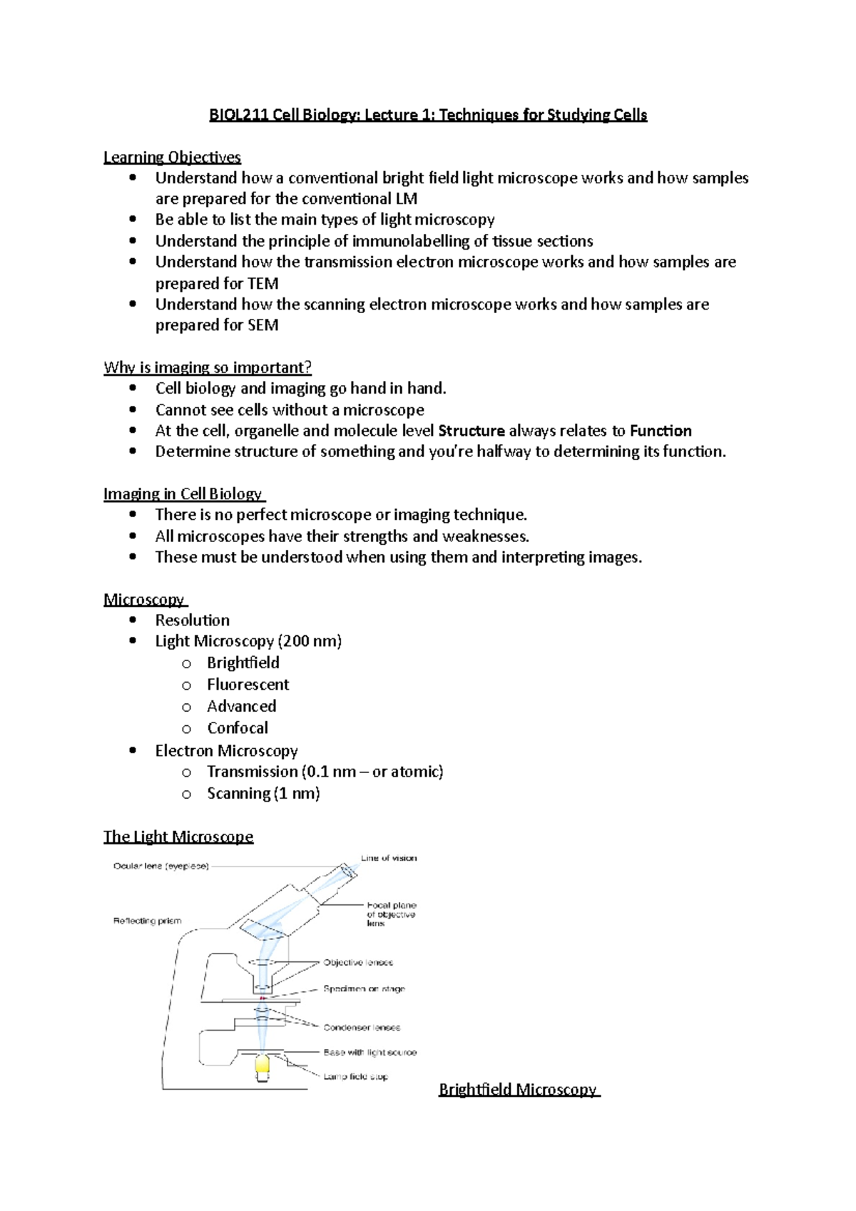 BIOL211 Cell Biology L1 - BIOL211 Cell Biology: Lecture 1: Techniques ...
