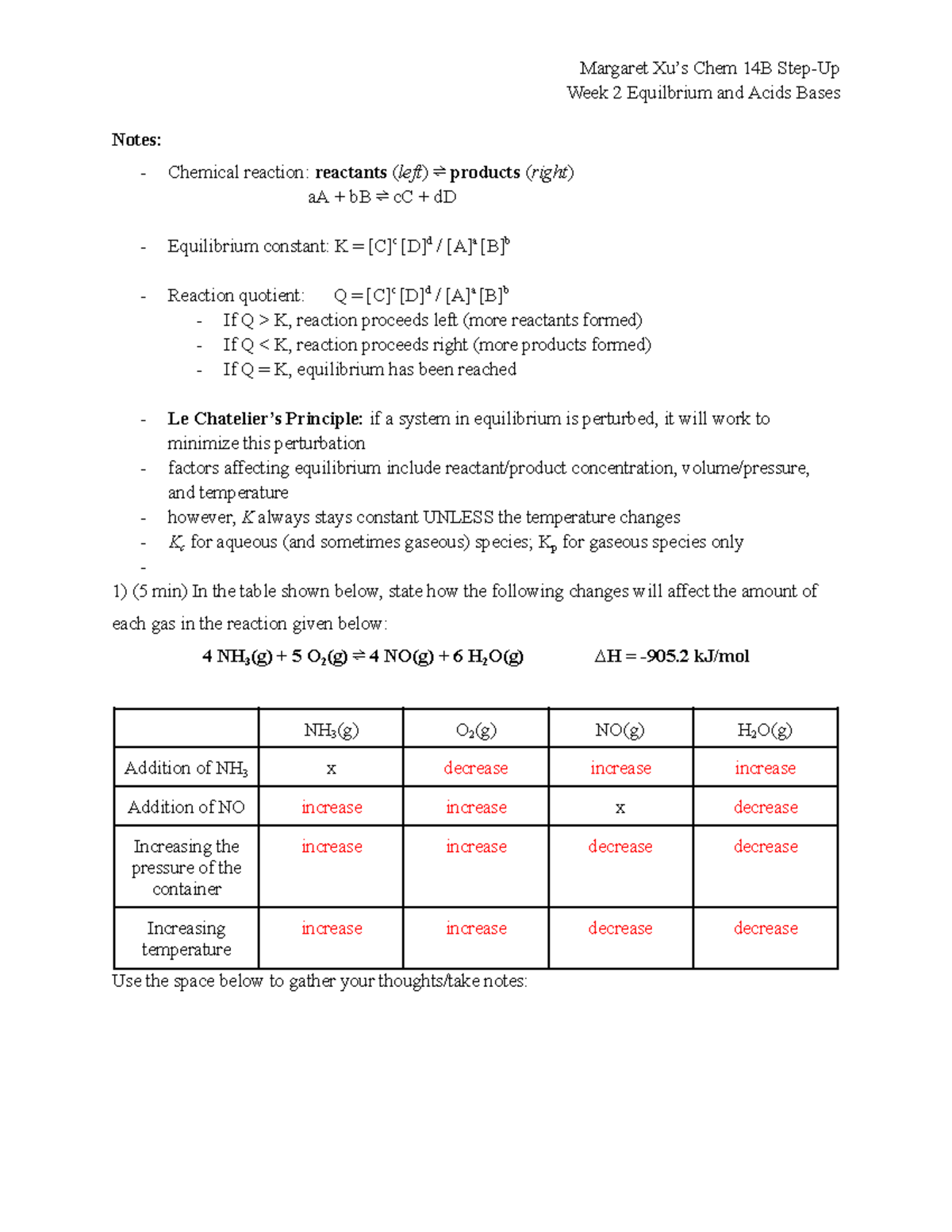 2024 Week 2 Equilibrium and Acids Bases Key - Week 2 Equilbrium and ...
