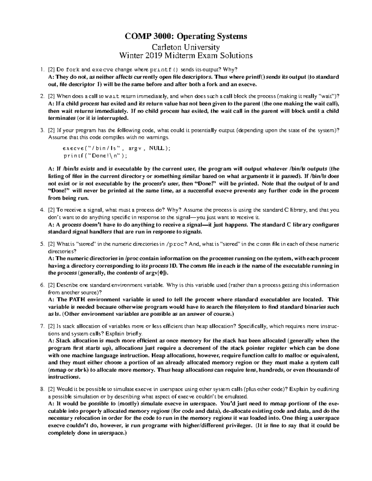 Midterm Solutions - COMP 3000: Operating Systems Carleton University Winter 2019 Midterm Exam ...