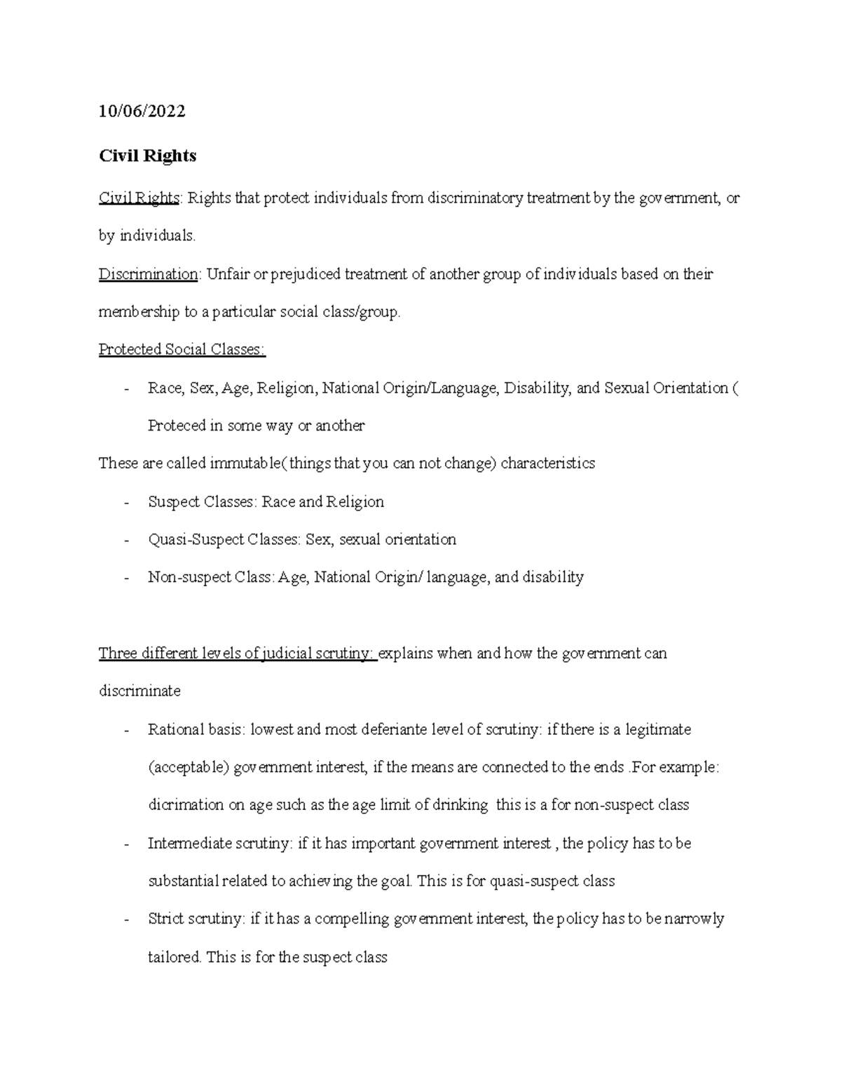 Civil Rights Notes - 10/06/ Civil Rights Civil Rights: Rights that ...
