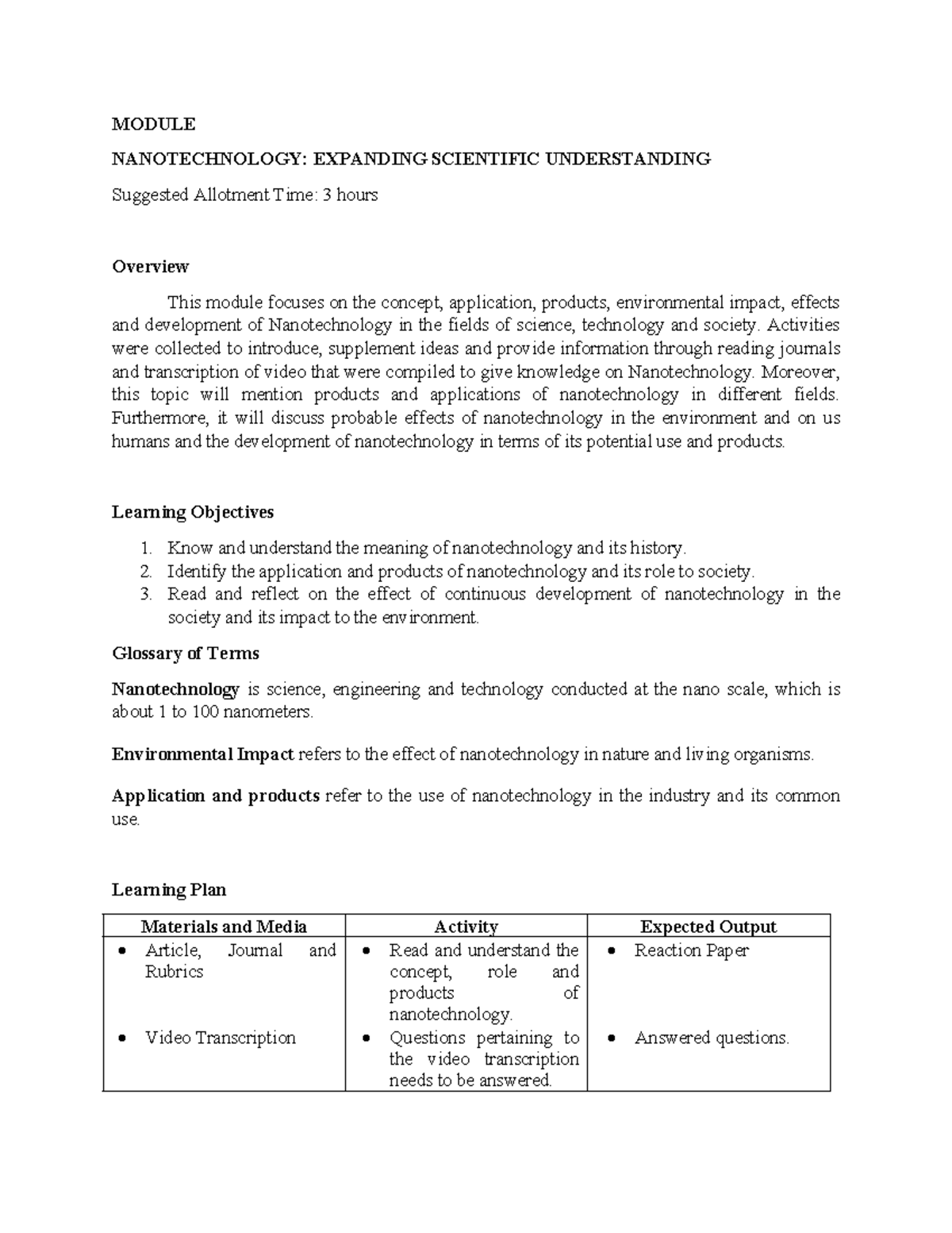 Module 12 - MODULE NANOTECHNOLOGY: EXPANDING SCIENTIFIC UNDERSTANDING ...