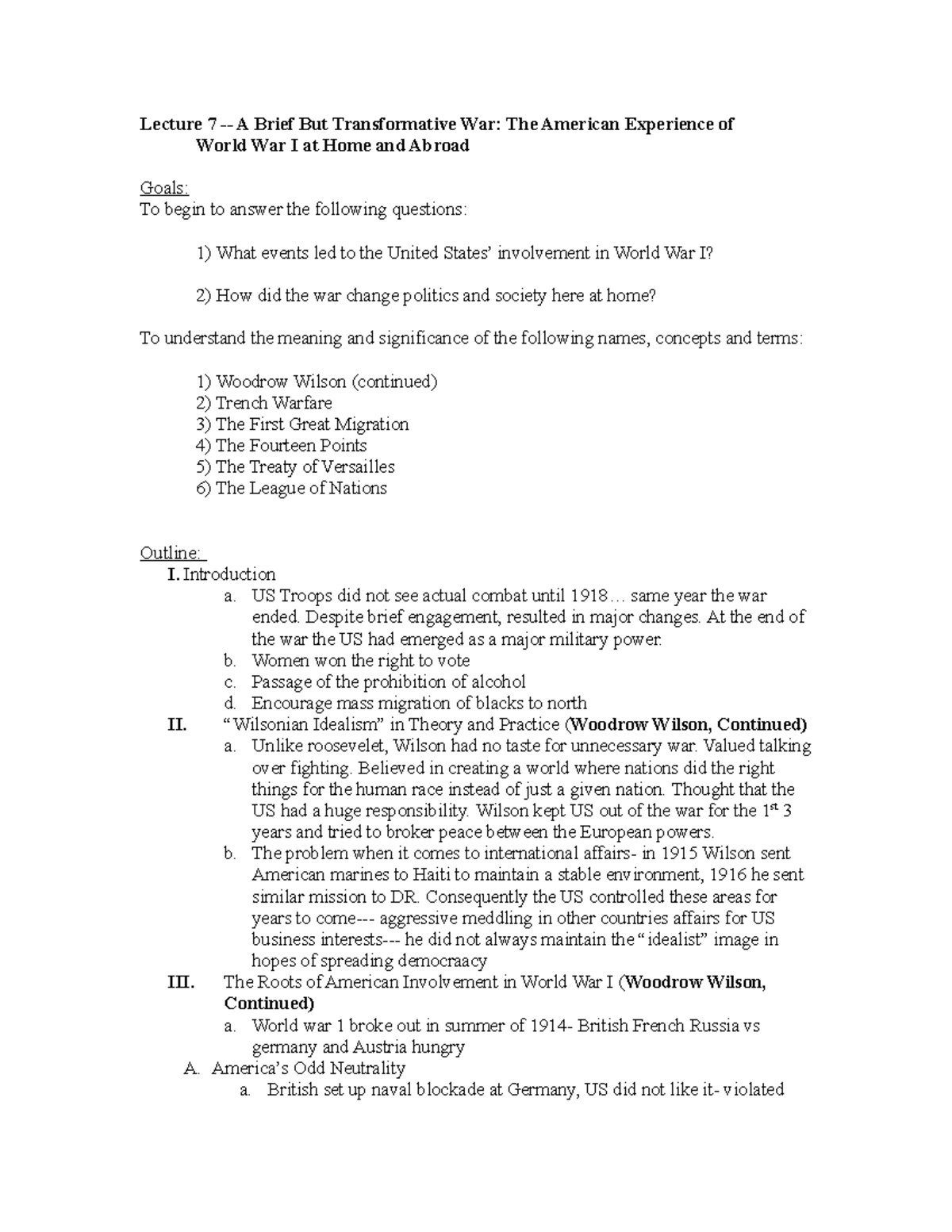 Lecture 7 WWI Notes - Lecture 7 - A Brief But Transformative War: The ...