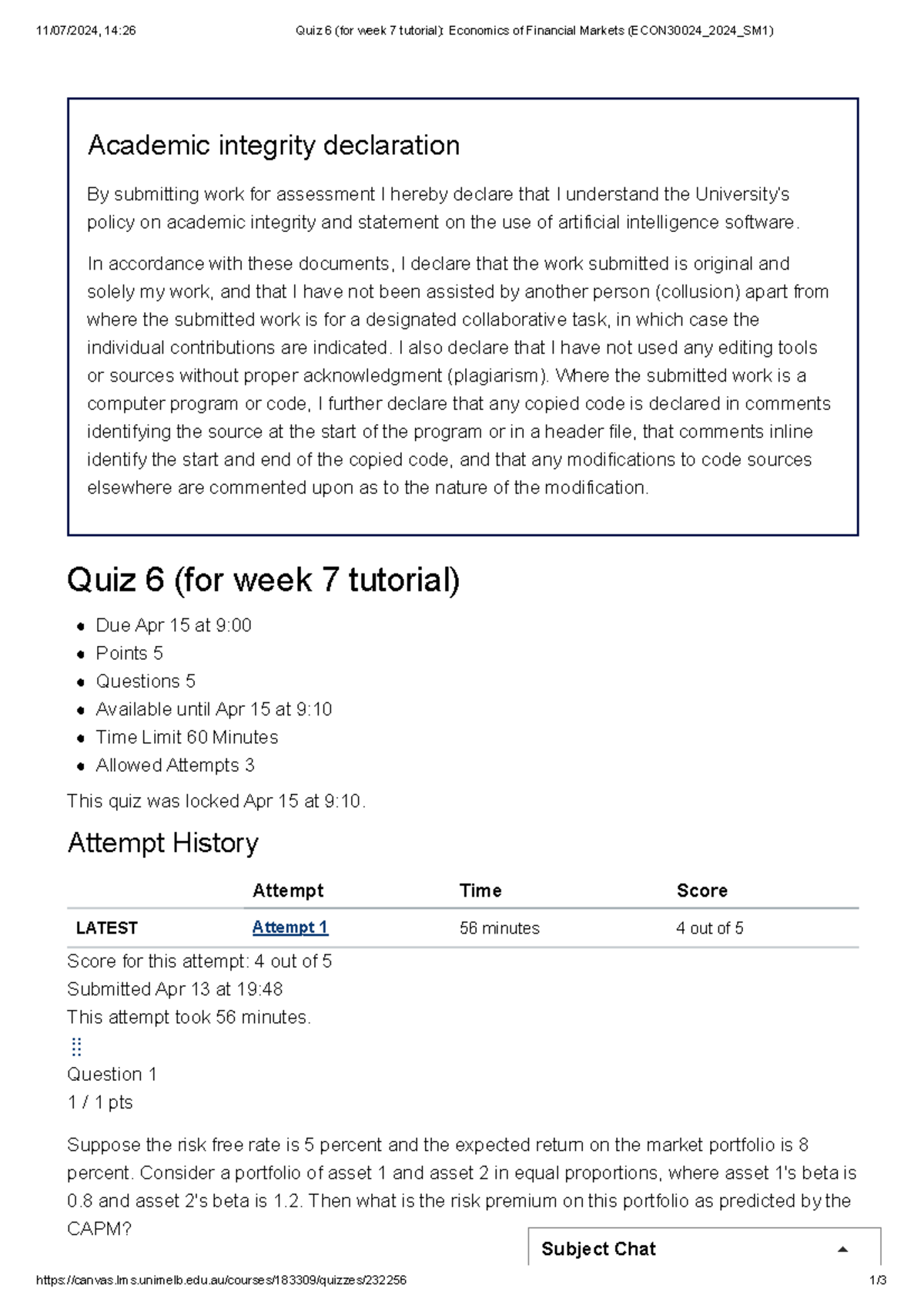 Quiz 6 (for week 7 tutorial) Economics of Financial Markets (ECON30024 2024 SM1) - Academic ...