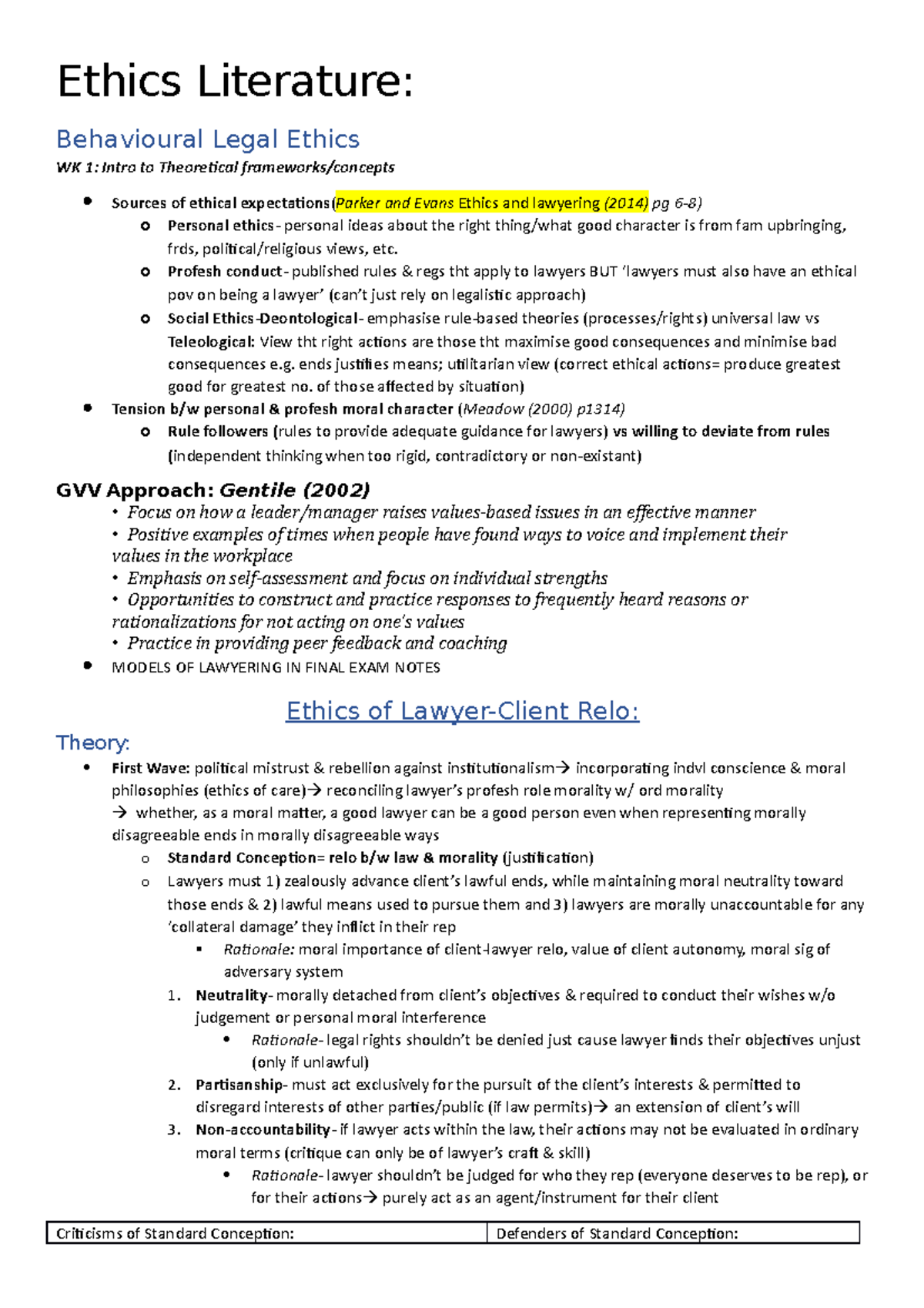 Ethics-Literature - Notes - Ethics Literature: Behavioural Legal Ethics ...