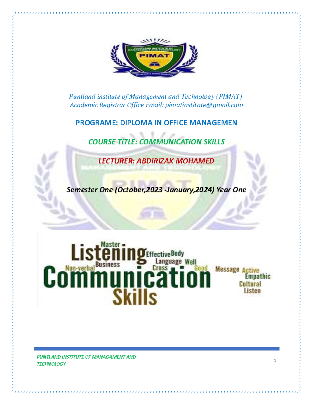 Communication Skills - PUNTLAND INSTITUTE OF MANAGAMENT AND 1 Puntland ...