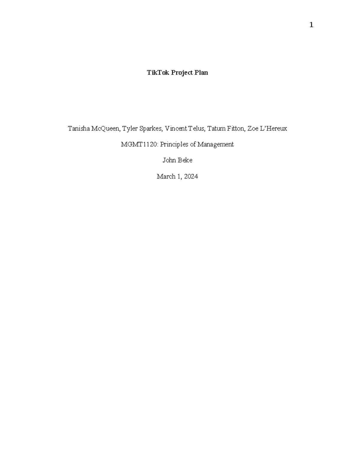 Tik Tok Project Plan - TikTok Project Plan Tanisha McQueen, Tyler Sparkes, Vincent Telus, Tatum ...