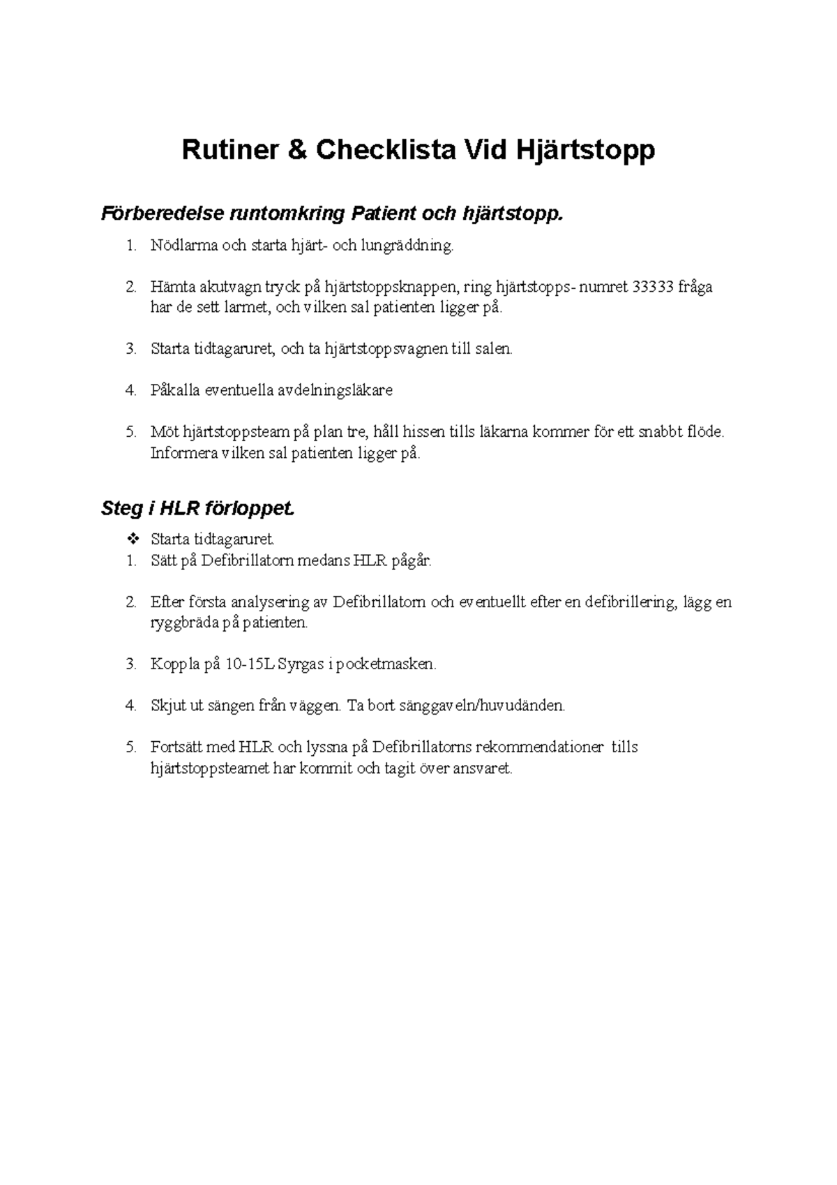 HLR Rutiner Checklista - Rutiner & Checklista Vid Hjärtstopp ...