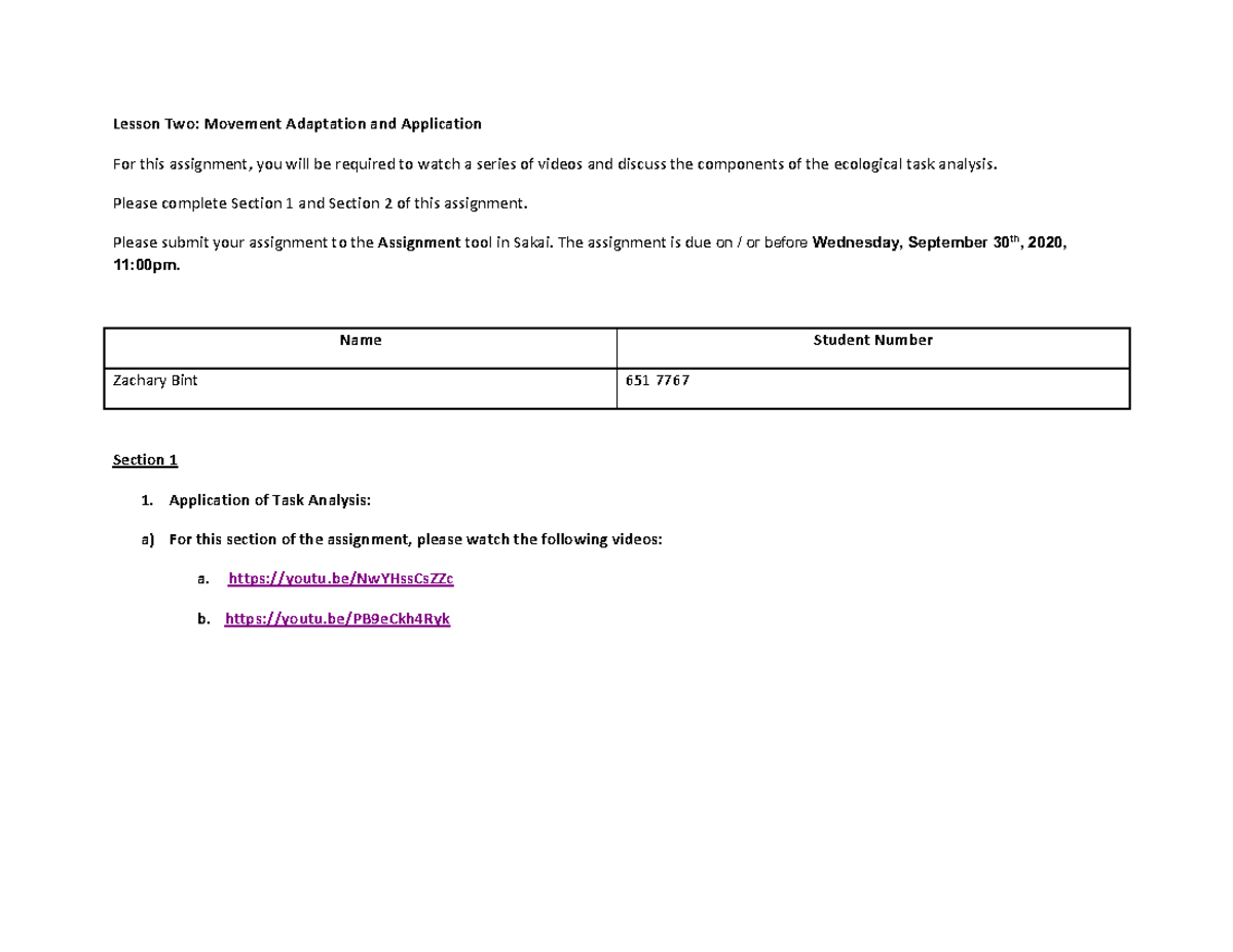 Lesson Two assignment - ecological task analysis - Lesson Two: Movement ...