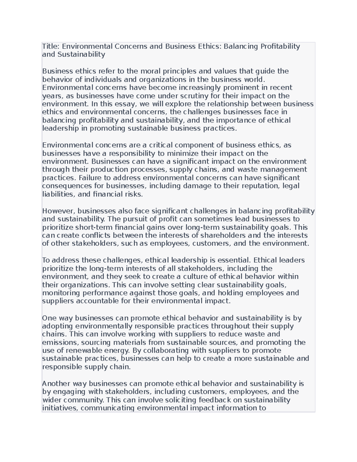 Environmental Concerns and Business Ethics - Balancing Profitability ...