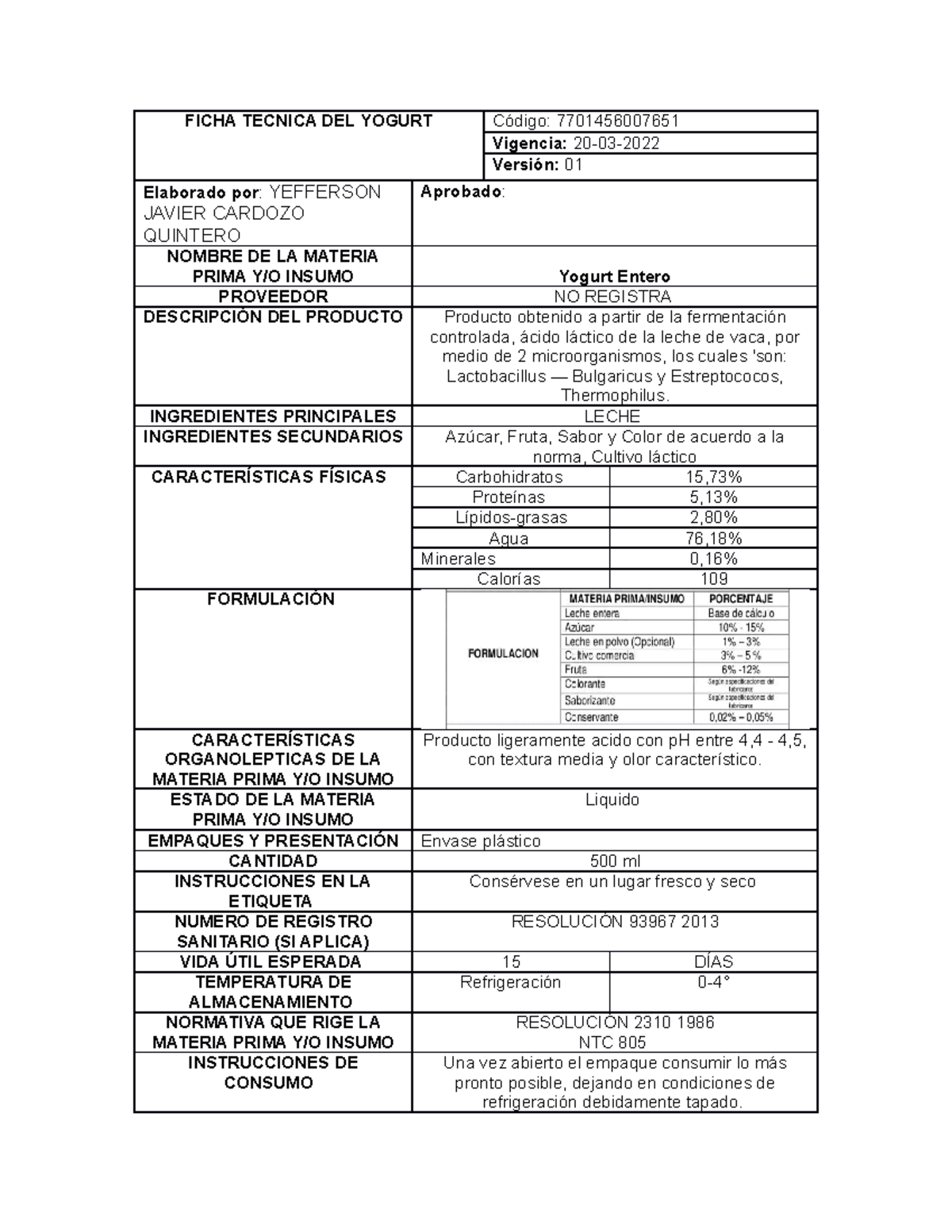 Ficha Tecnica DEL Yogurt 1 - FICHA TECNICA DEL YOGURT Código ...