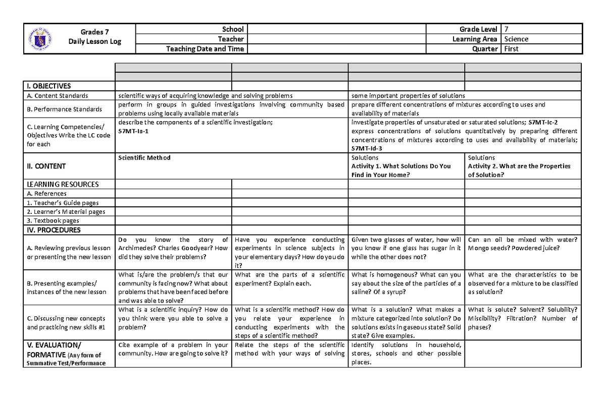 Pdfcoffee - vvvv - Grades 7 Daily Lesson Log School Grade Level 7 ...