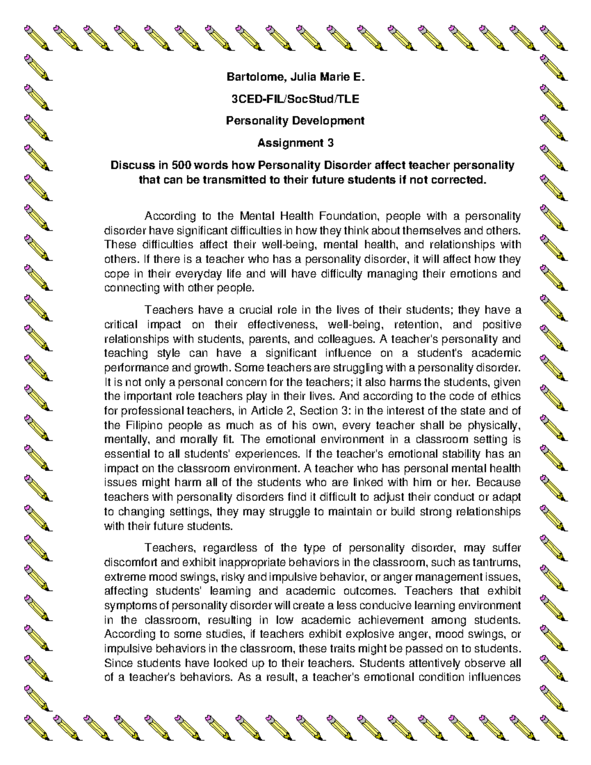 Assignment # 3 ( Perdev) - Bartolome, Julia Marie E. 3CED-FIL/SocStud/TLE Personality ...