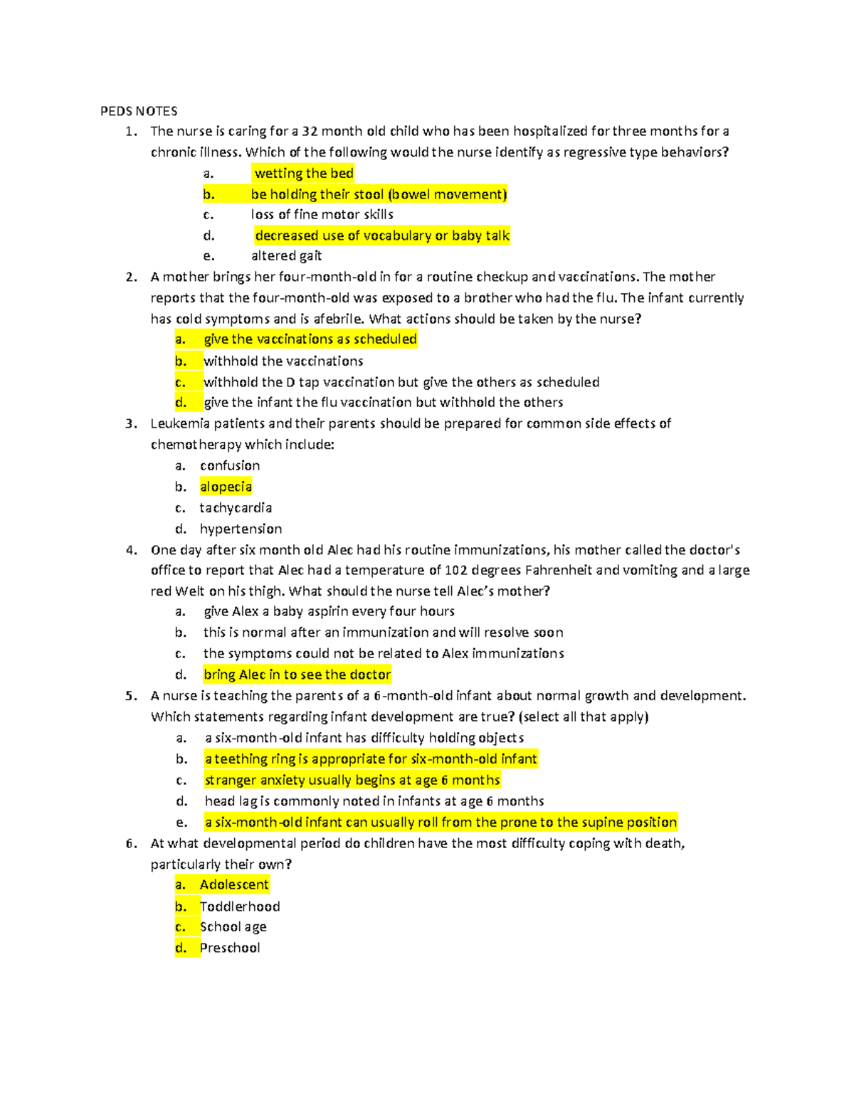 207- E2 - Exam 2 - PEDS NOTES The nurse is caring for a 32 month old ...