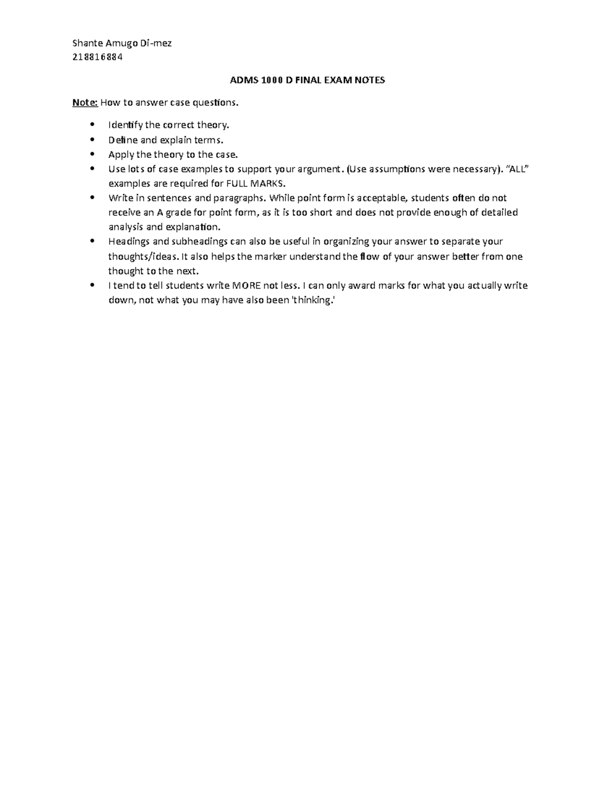 ADMS 1000 Final EXAM Notes - 218816884 ADMS 1000 D FINAL EXAM NOTES ...