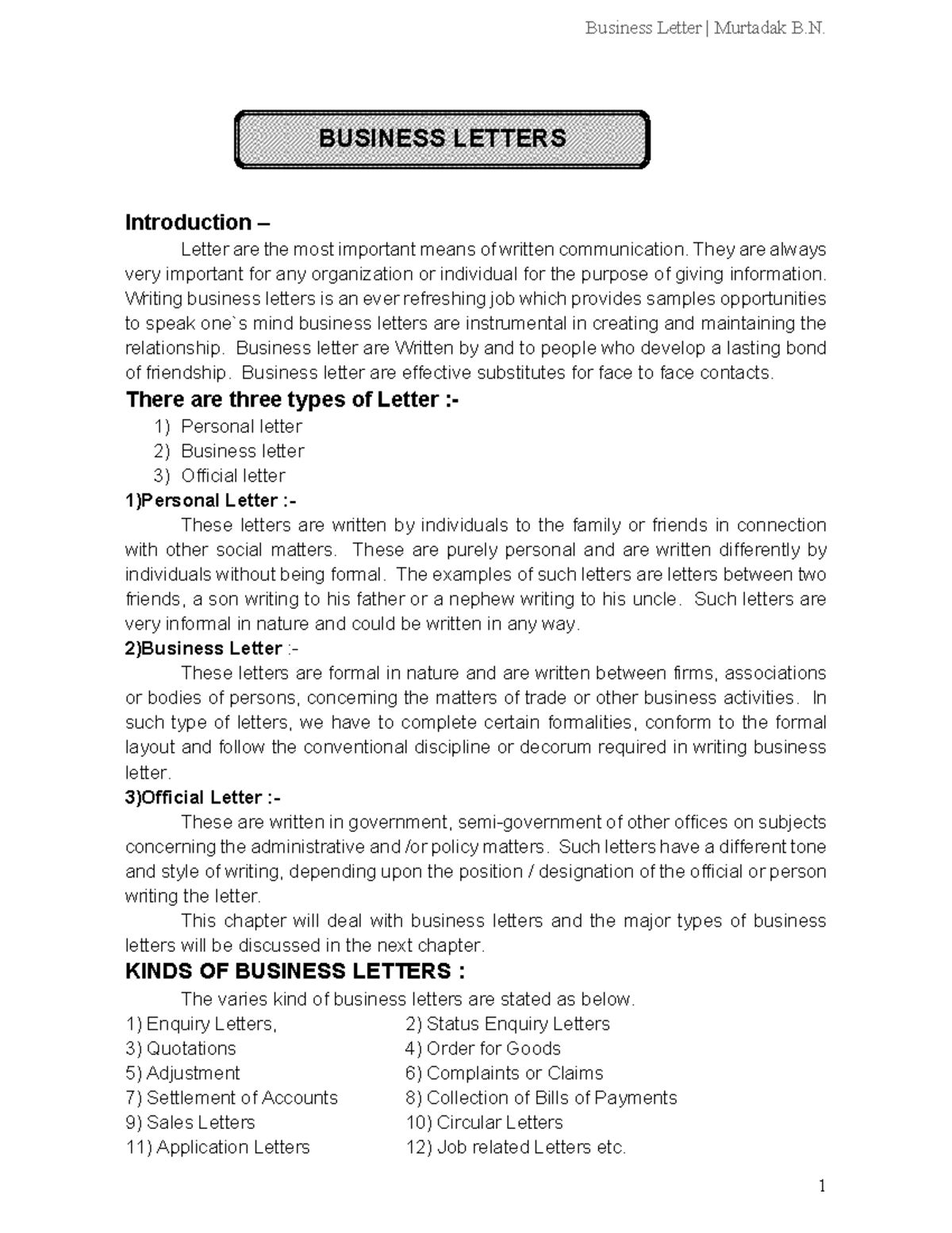 1 Business Letter - PROJECT - Introduction – Letter are the most ...