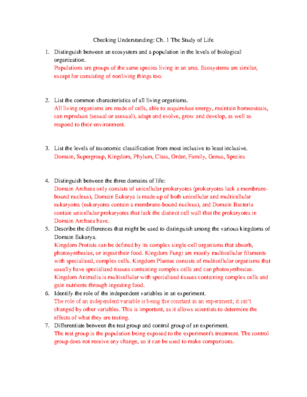 DC BIO Checking Understanding Ch 1 - Checking Understanding: Ch. 1 The ...