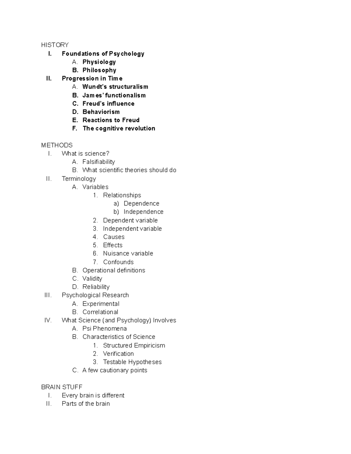 Psych Exam 1 outline - HISTORY I. Foundations of Psychology A ...