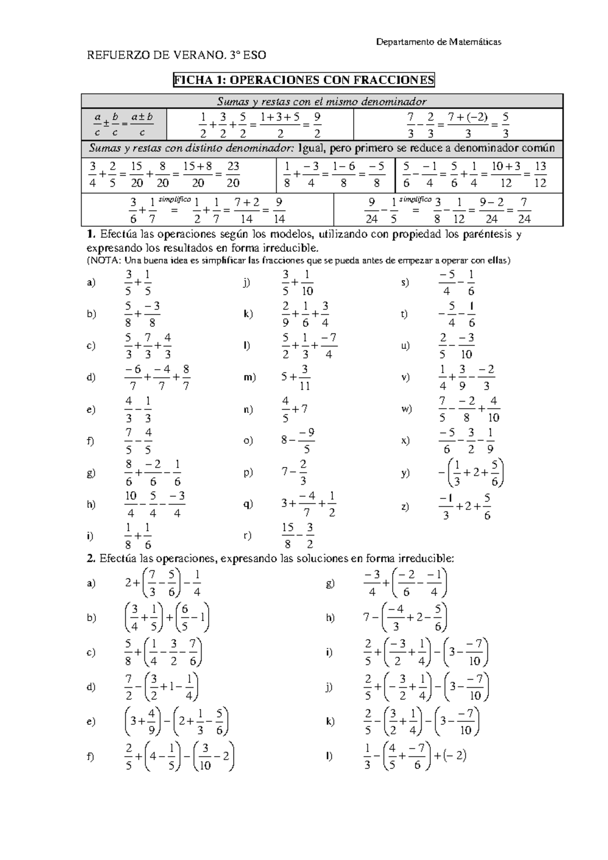 3º ESO Matematicas 0 - REFUERZO DE VERANO. 3º ESO FICHA 1: OPERACIONES CON FRACCIONES Sumas y ...