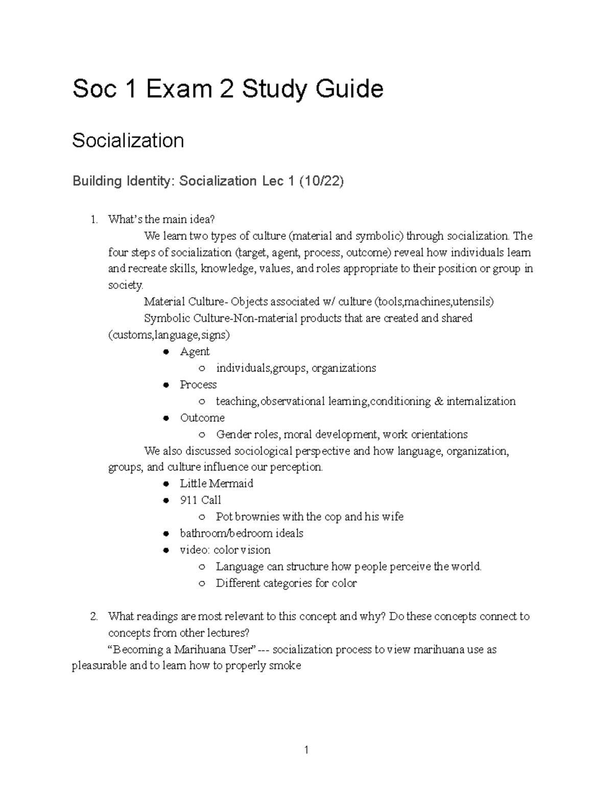Soc 1 Exam 2 Study Guide - Soc 1 Exam 2 Study Guide Socialization ...