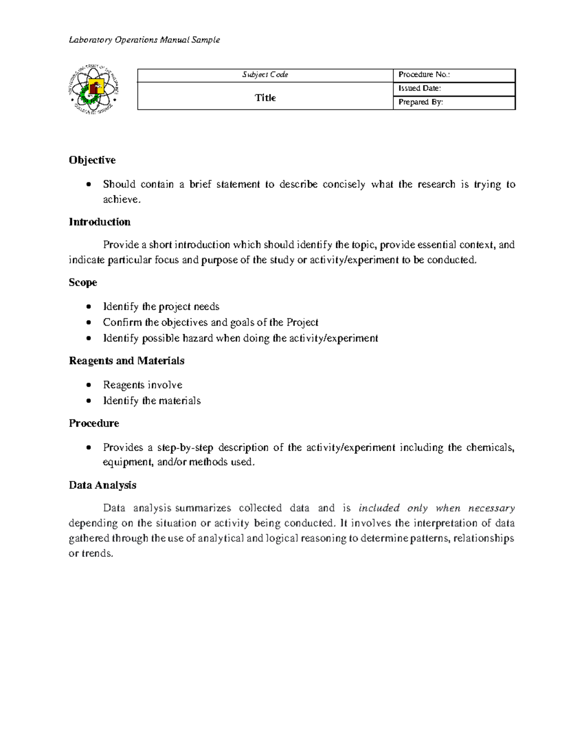 An Outline for Laboratory Operations Manual - Laboratory Operations ...