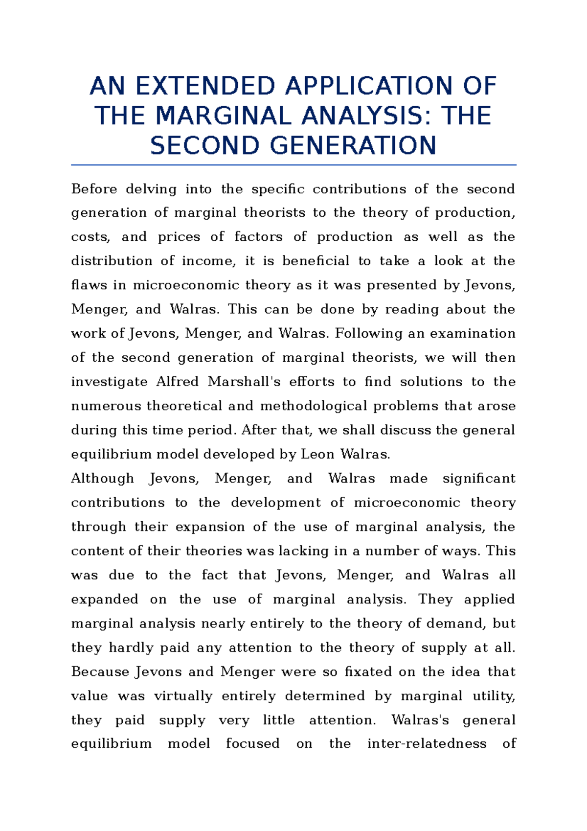 AN Extended Application OF THE Marginal Analysis THE Second Generation ...