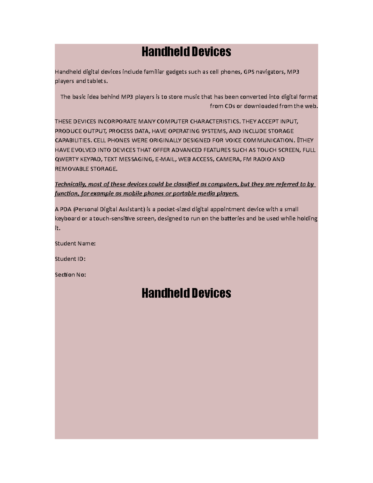 Business Activity Template - Handheld Devices Handheld digital devices ...