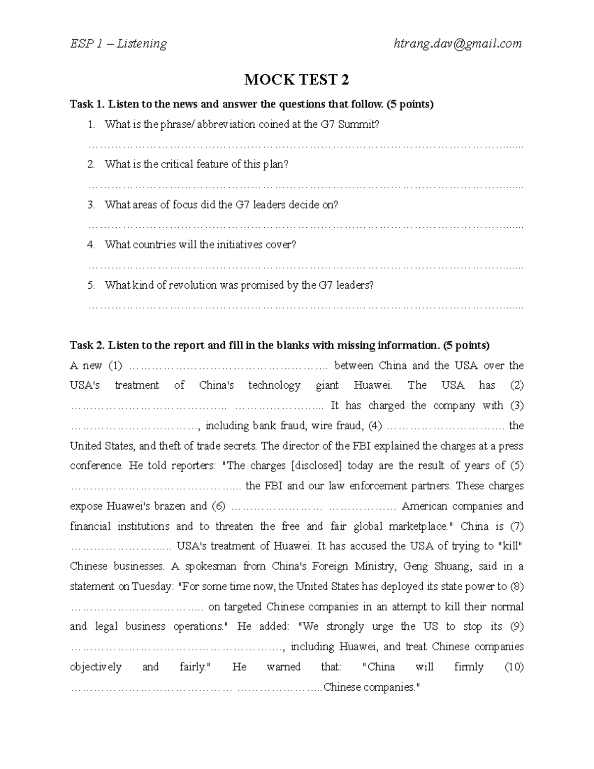 [ESP1] Mock test 2 - ESP 1 – Listening htrang@gmail MOCK TEST 2 Task 1 ...