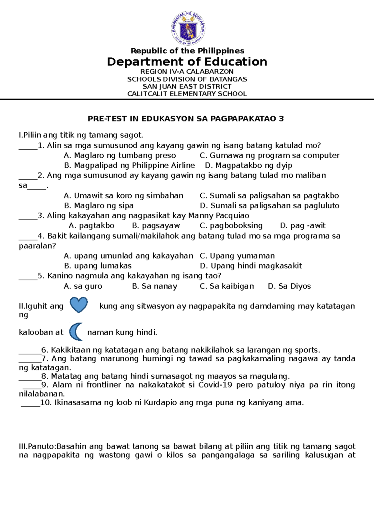 Pretest- First-SEM - assessment for students - Department of Education ...