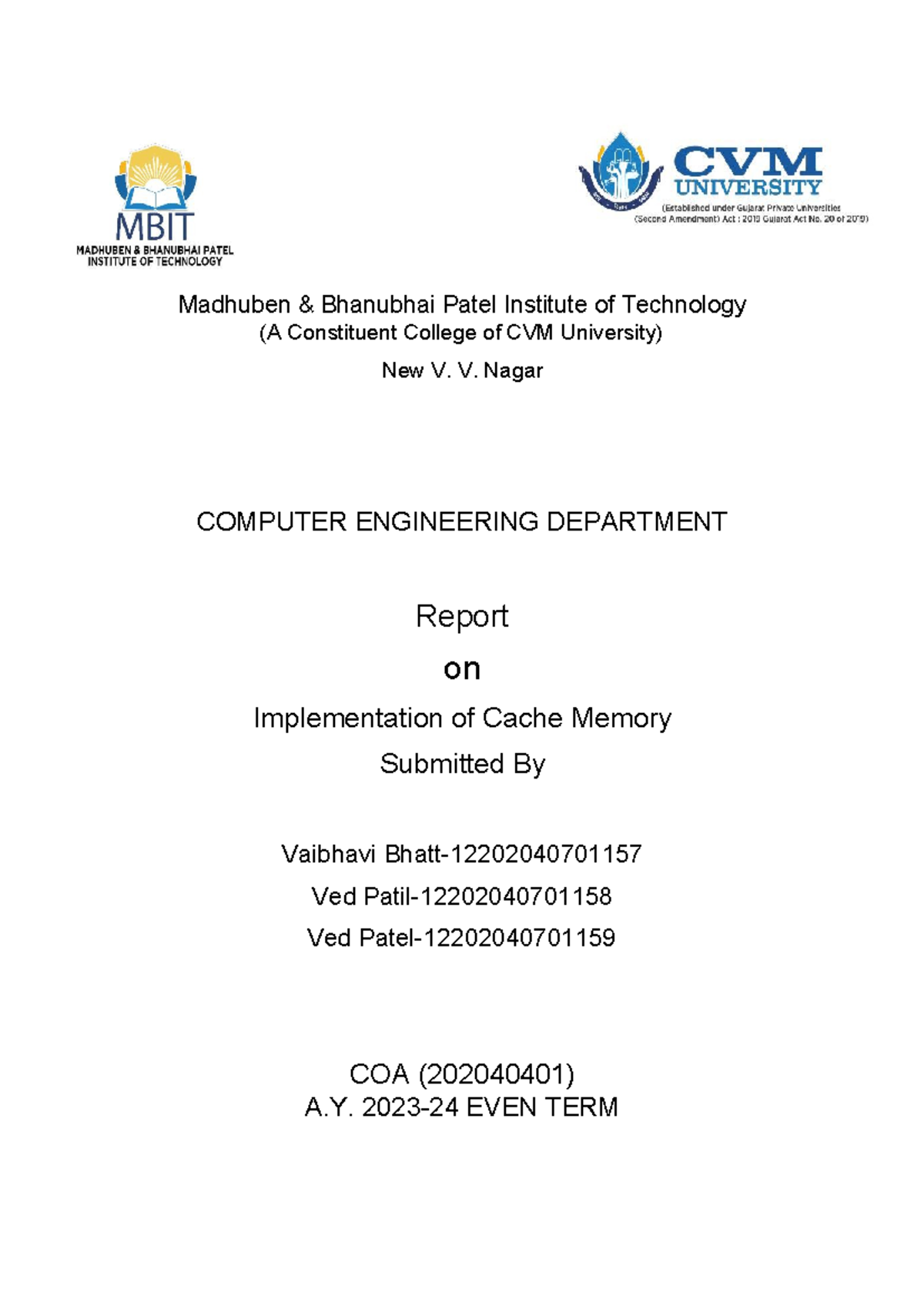 Report on Implementation of Cache Memory coa-1 - Madhuben & Bhanubhai ...