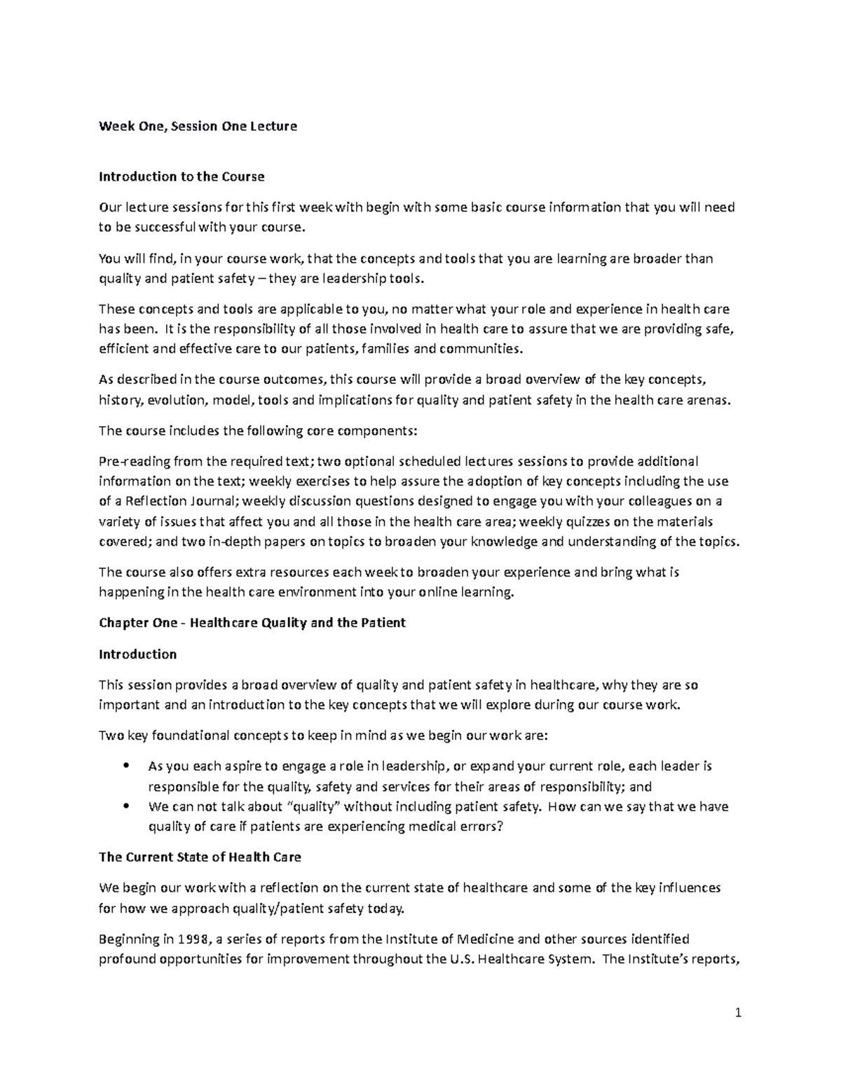Week One Session One Lecture 3 -1 - Week One, Session One Lecture Introduction to the Course Our ...