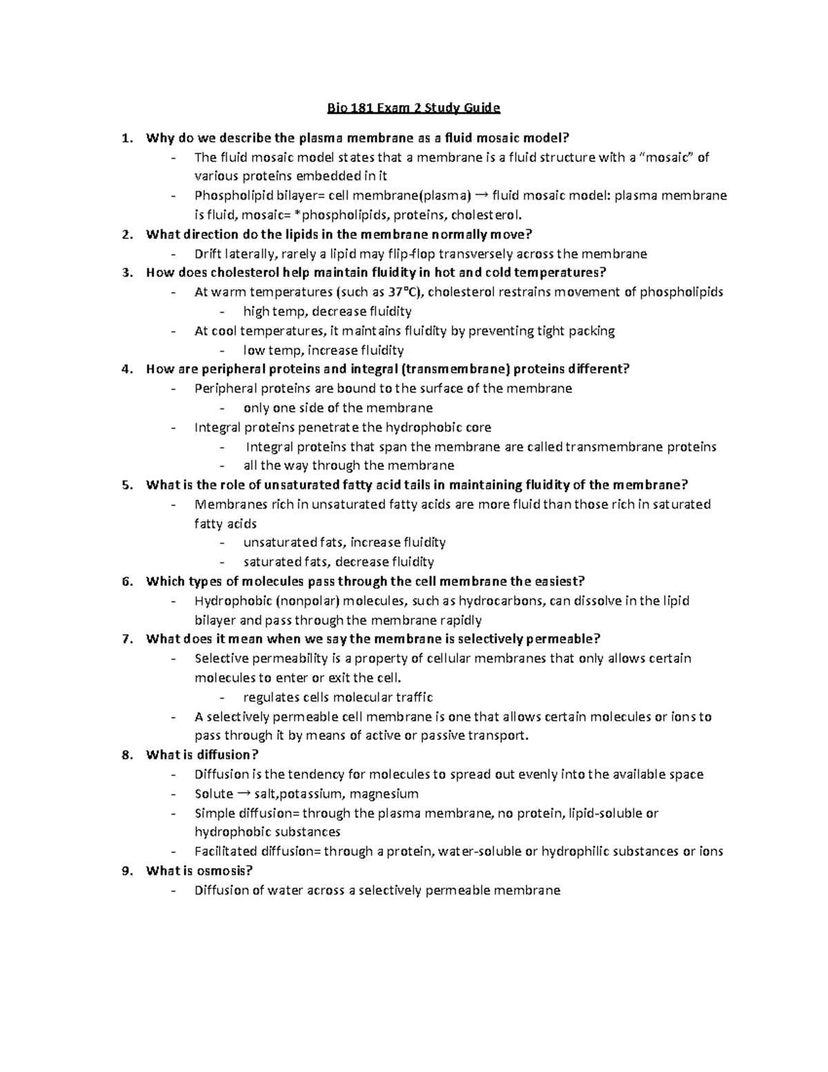 Bio 181 Exam 2 Study Guide - Bio 181 Exam 2 Study Guide Why do we describe the plasma membrane ...
