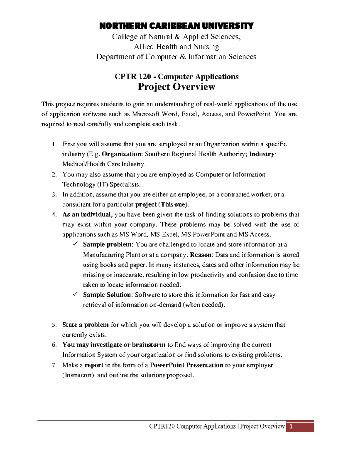 CPTR120-Computer Applications- Project - Fall 2020 - College of Natural ...
