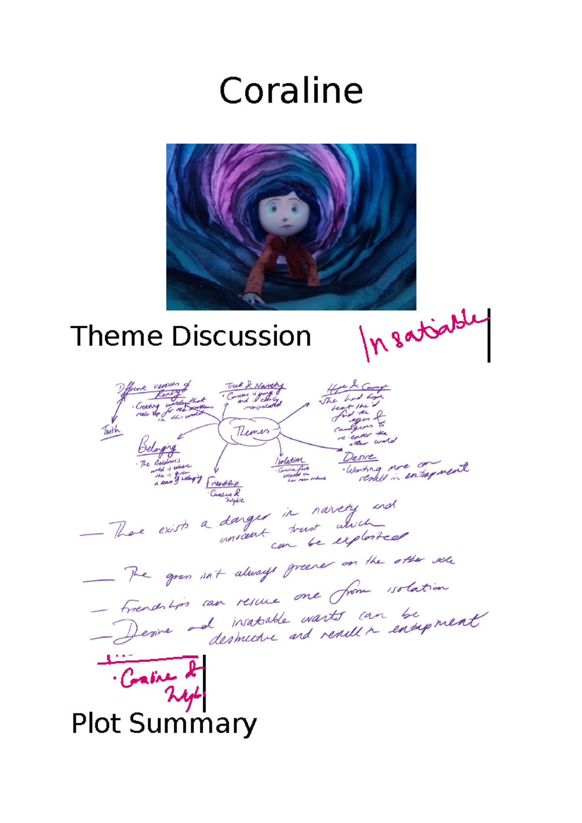 Coraline Incomplete - English class notes - Coraline Theme Discussion ...