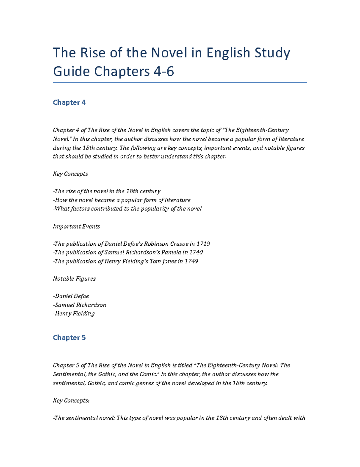 The Rise of the Novel in English Study Guide Chapters 4-6 - The Rise of ...