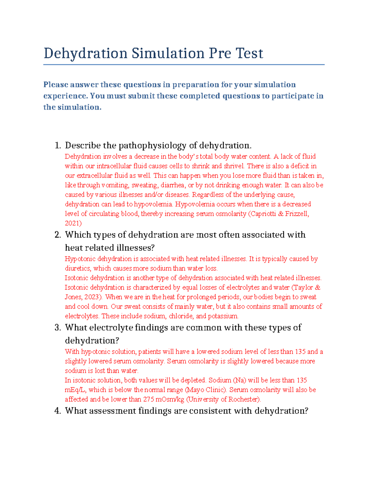 Dehydration Simulation Prework - You must submit these completed questions to participate in the ...