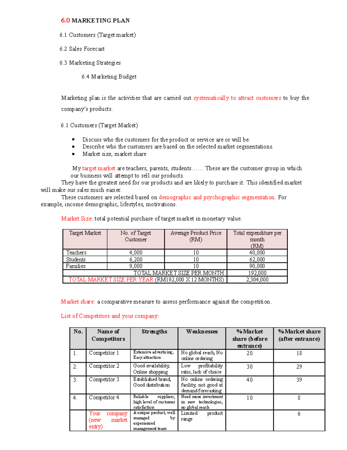 how to do Marketing plan - 6 MARKETING PLAN 6 Customers (Target market ...