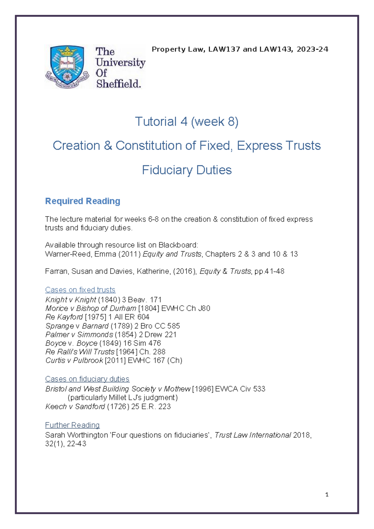 23-24 Tutorial 4 - week 9 - Creation & Constitution of Fixed, Express Trusts and Fiduciary ...