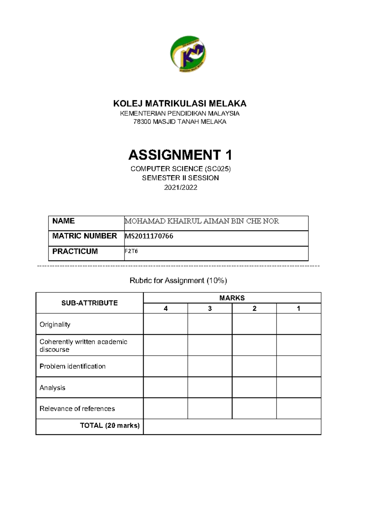 SK025 Array Assignment - KOLEJ MATRIKULASI MELAKA KEMENTERIAN ...