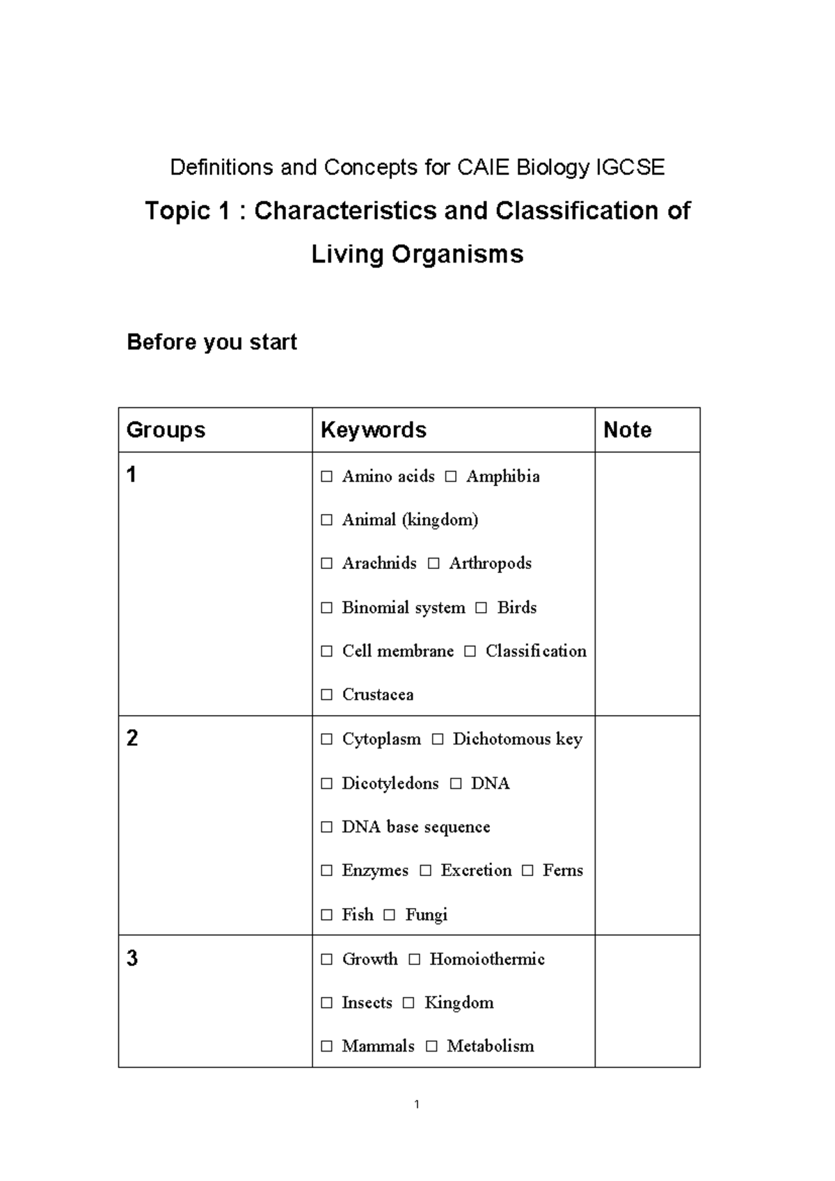 Topic 1 - Characteristics and Classification of Living Organisms - Definitions and Concepts for ...
