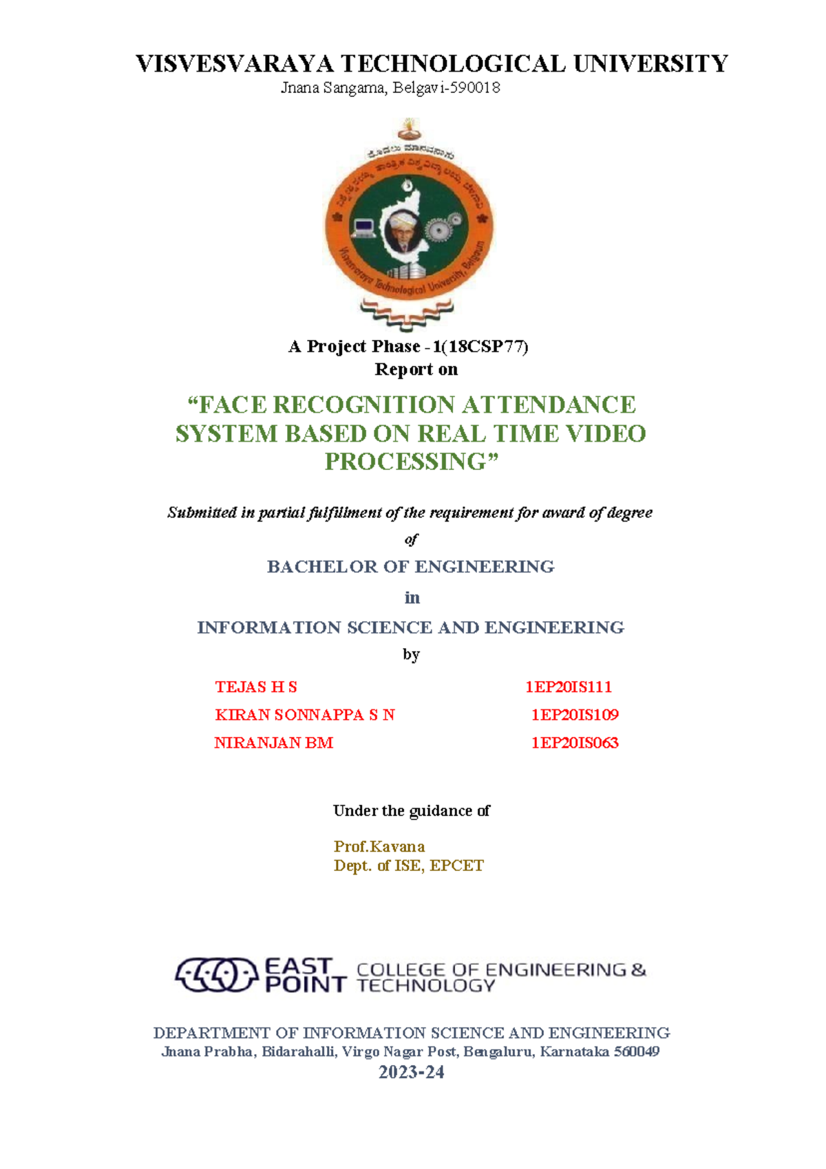 Project phase 1 starting pages - TEJAS H S 1EP20IS 111 KIRAN SONNAPPA S ...