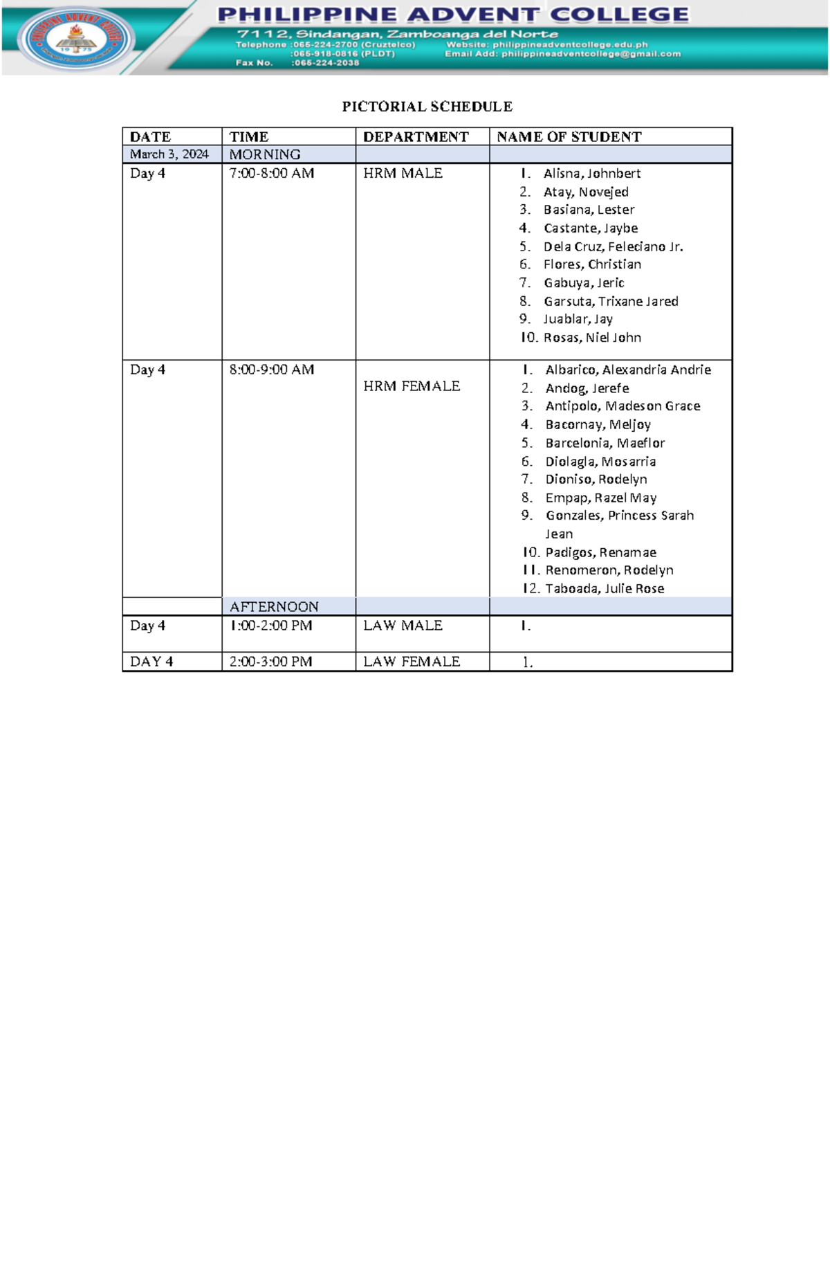 Pictorial Schedule DAY 4 - PICTORIAL SCHEDULE DATE TIME DEPARTMENT NAME ...