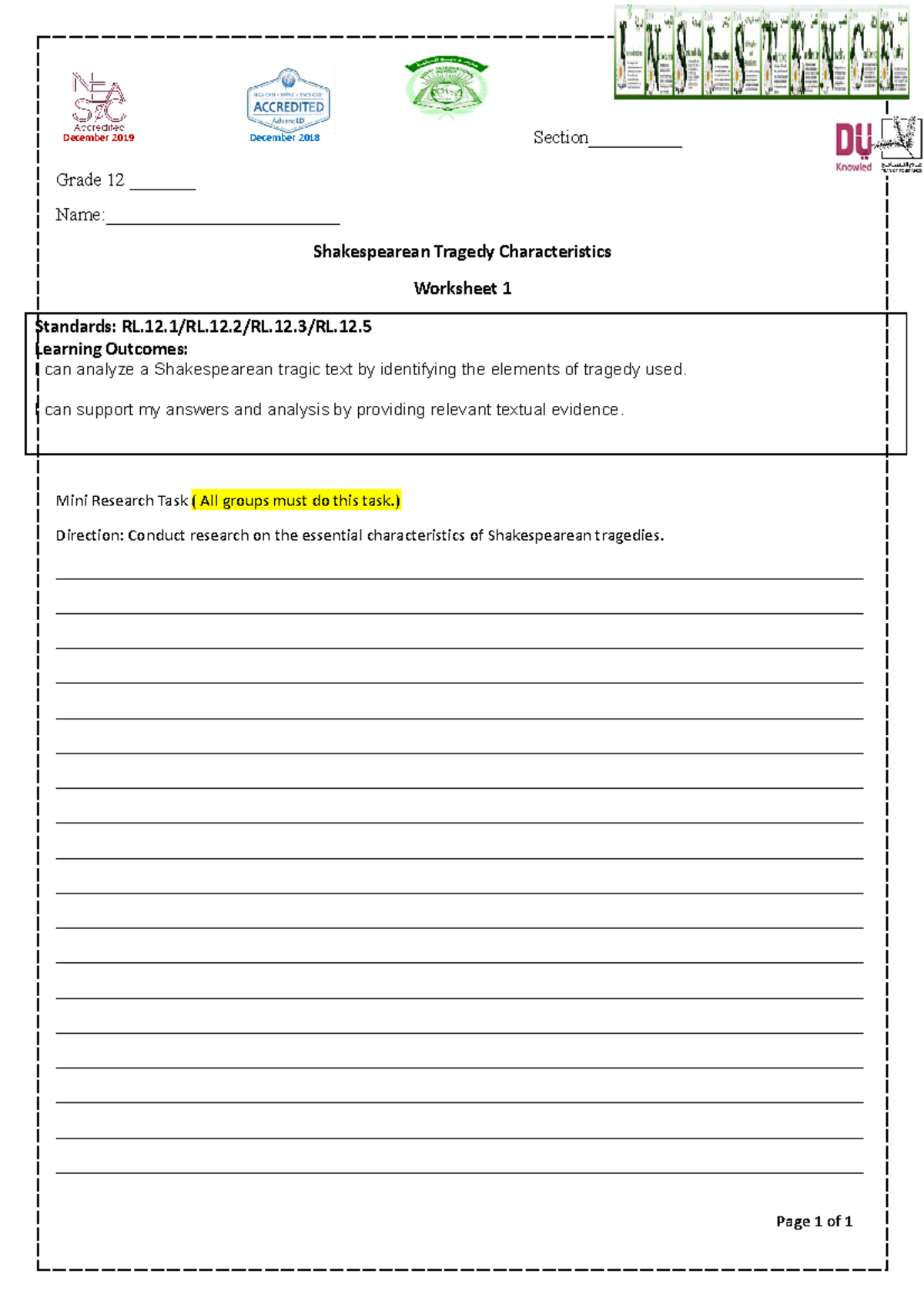 Shakespearean Tragedy Characteristic Worksheet - Section ...