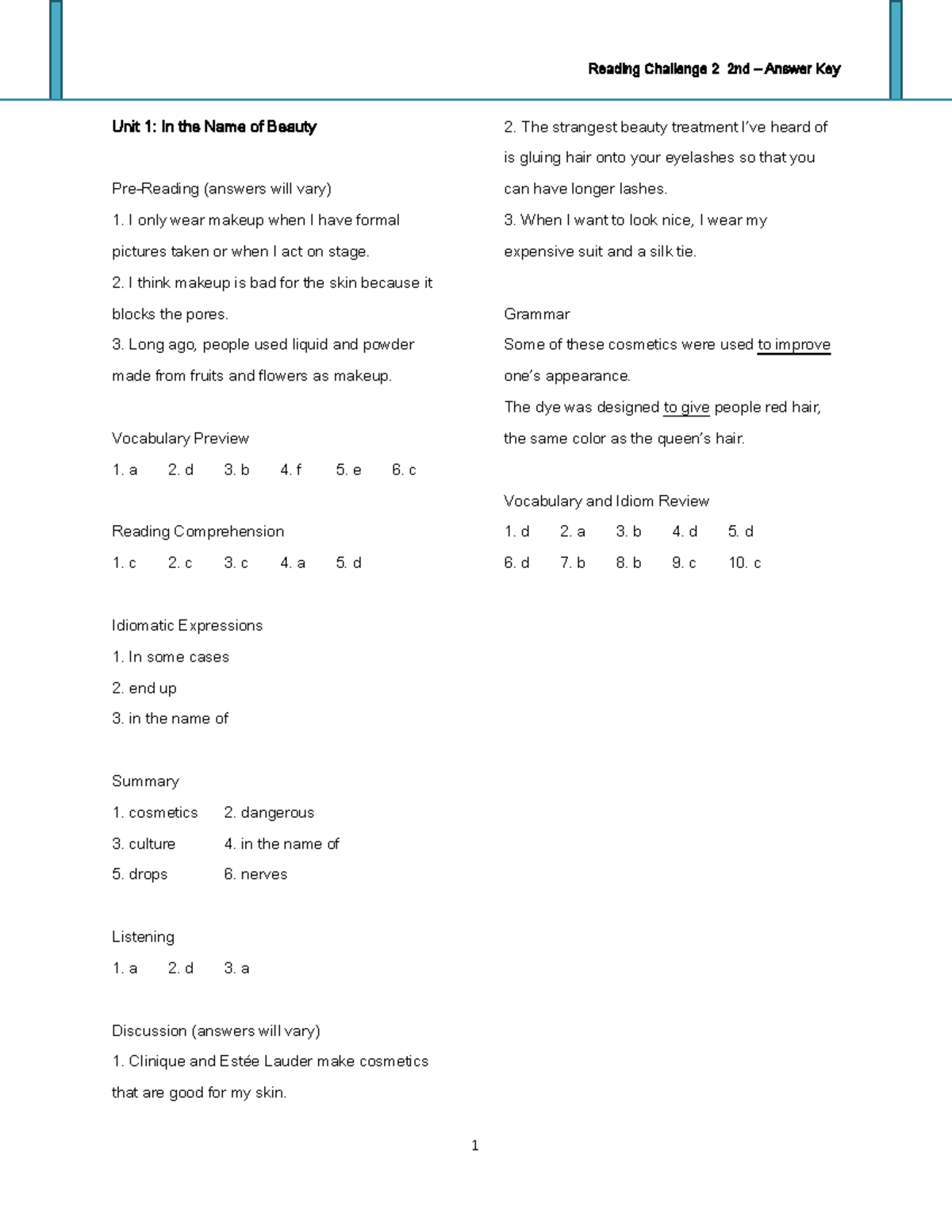 Compus pub reading challenge 2 answers - Unit 1: In the Name of Beauty ...