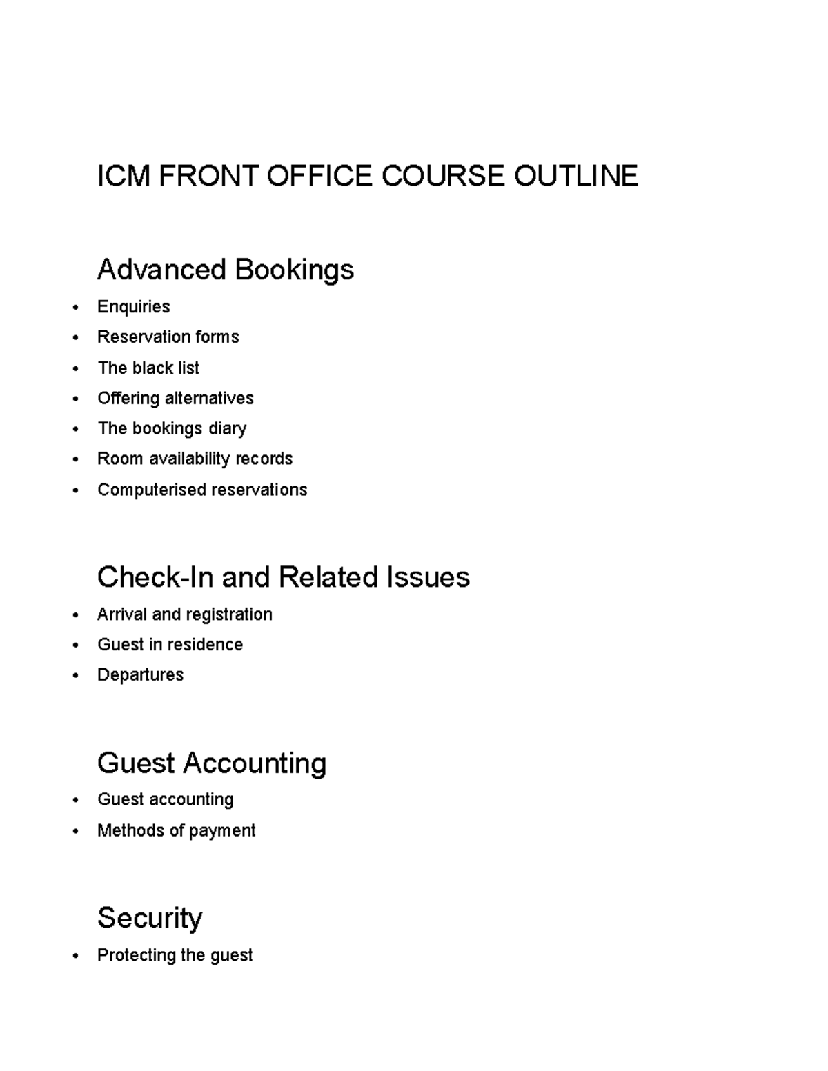 ICM Front Office Course Outline - ICM FRONT OFFICE COURSE OUTLINE ...