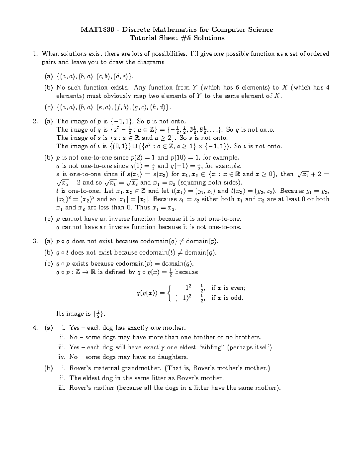 Tute5Solns - mat1830 - MAT1830 - Discrete Mathematics for Computer Science Tutorial Sheet #5 ...