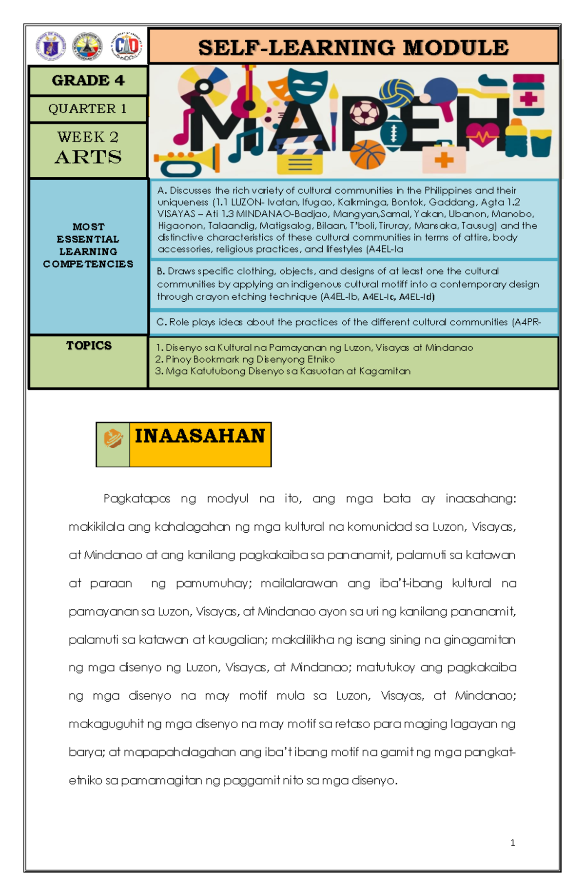 Mapeh 4 Q1 Week 2-Arts - INAASAHAN Pagkatapos ng modyul na ito, ang mga ...