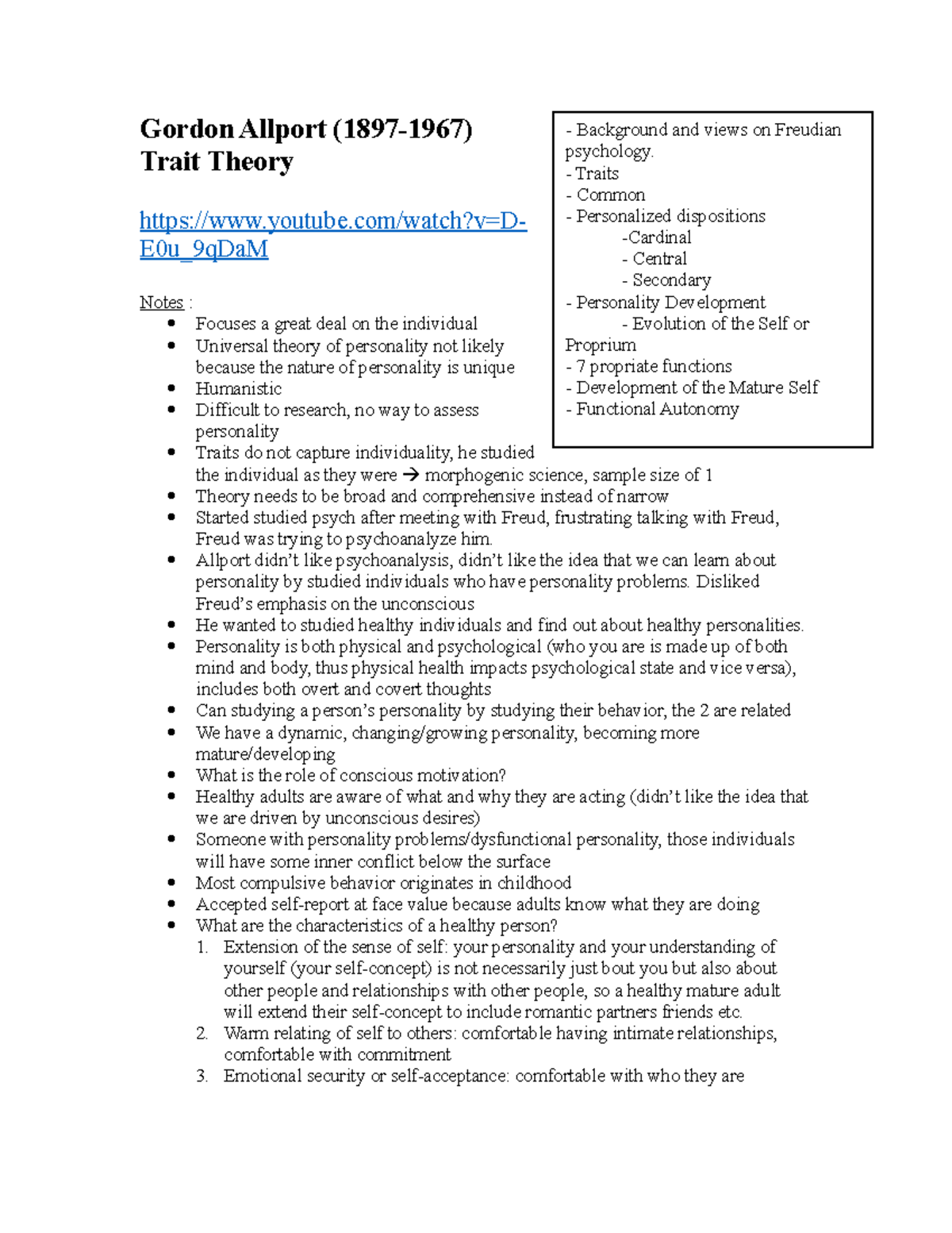 Allport Outline - Gordon Allport Trait Theory Background and views on ...